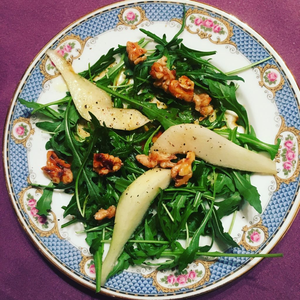 Rocket & pear salad, beef tenderloin & snow peas with sesame seeds ...